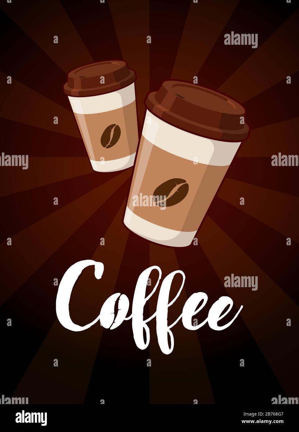 Take out two paper coffee cups with hand drawn lettering for cafe drink ...