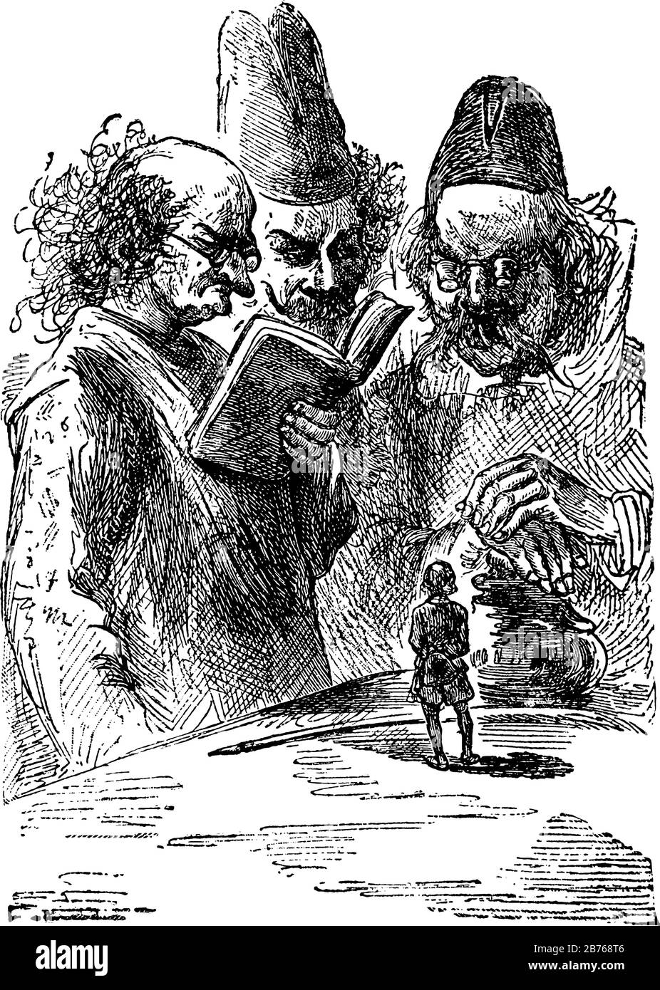 Three giant men looking into book and little man standing in front of ...