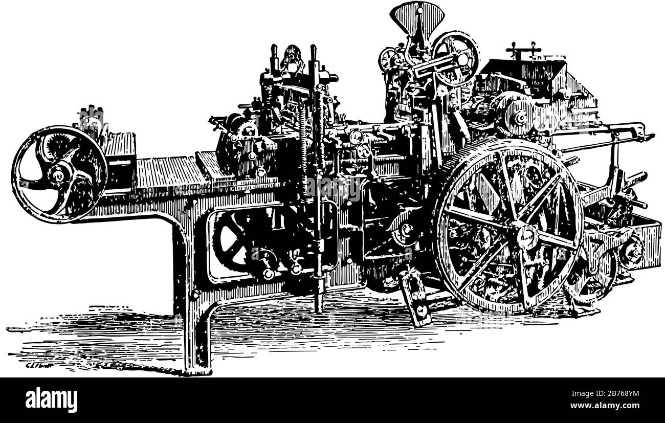 This illustration represents Case making machine, vintage line drawing ...