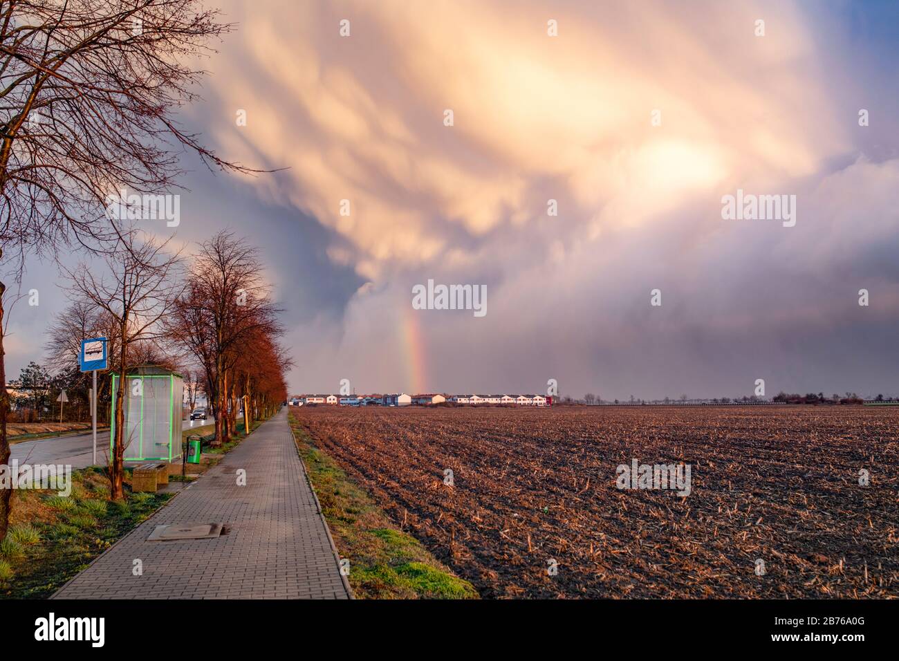 Dramatic colorful sky, before storm and during sunset. Huge clouds ...