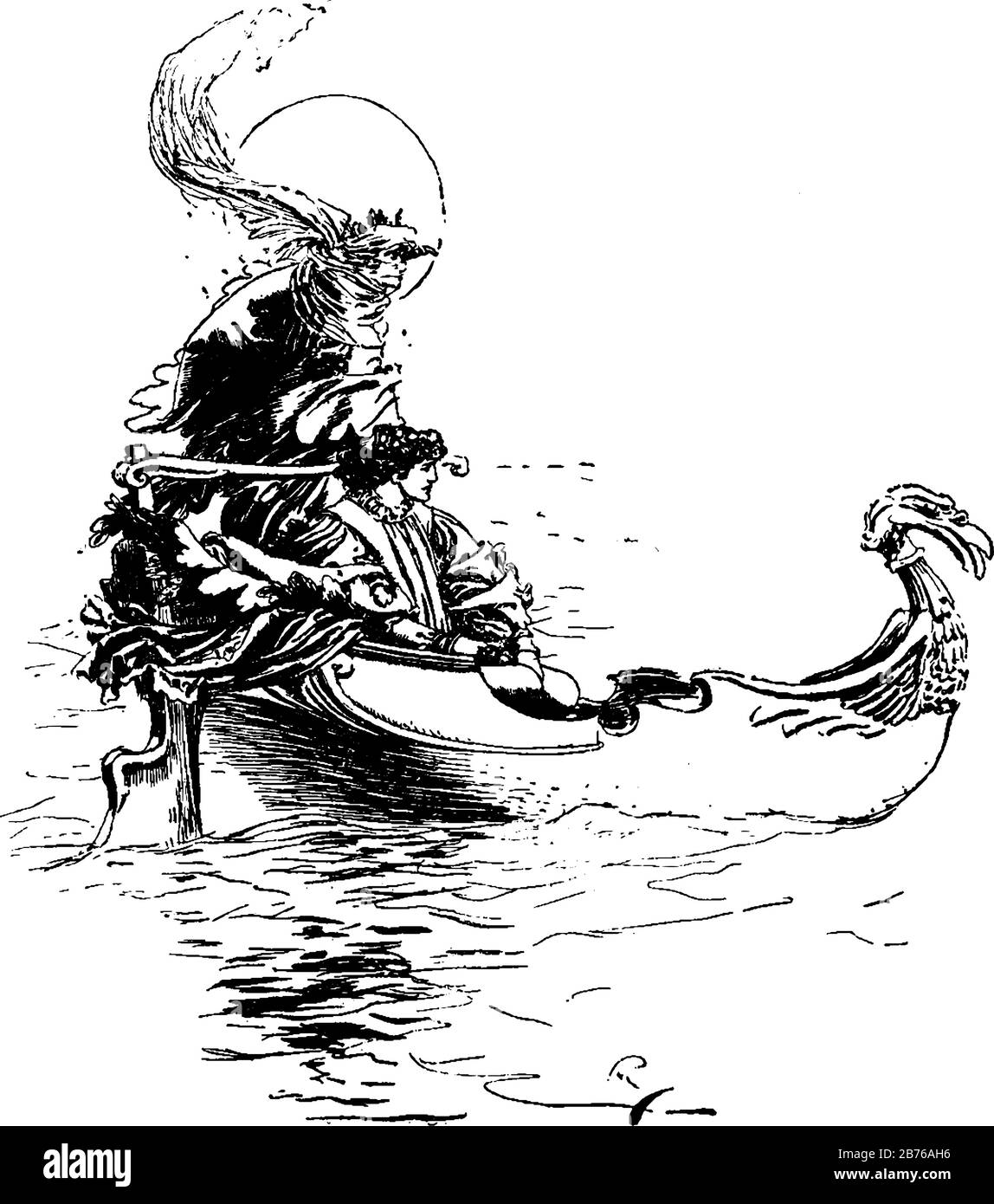 A man in boat in the water, vintage line drawing or engraving ...