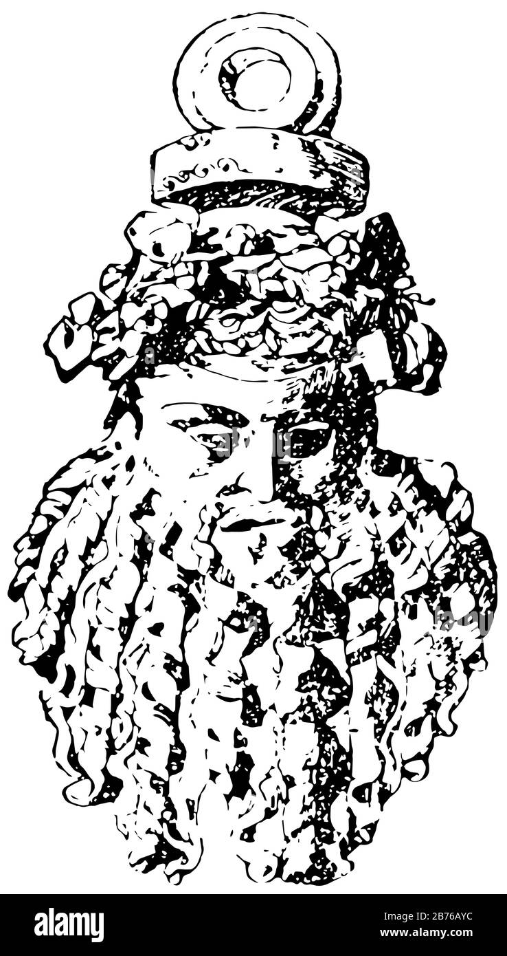 Bacchus mask fragment of a vessel or utensil, vintage line drawing or ...