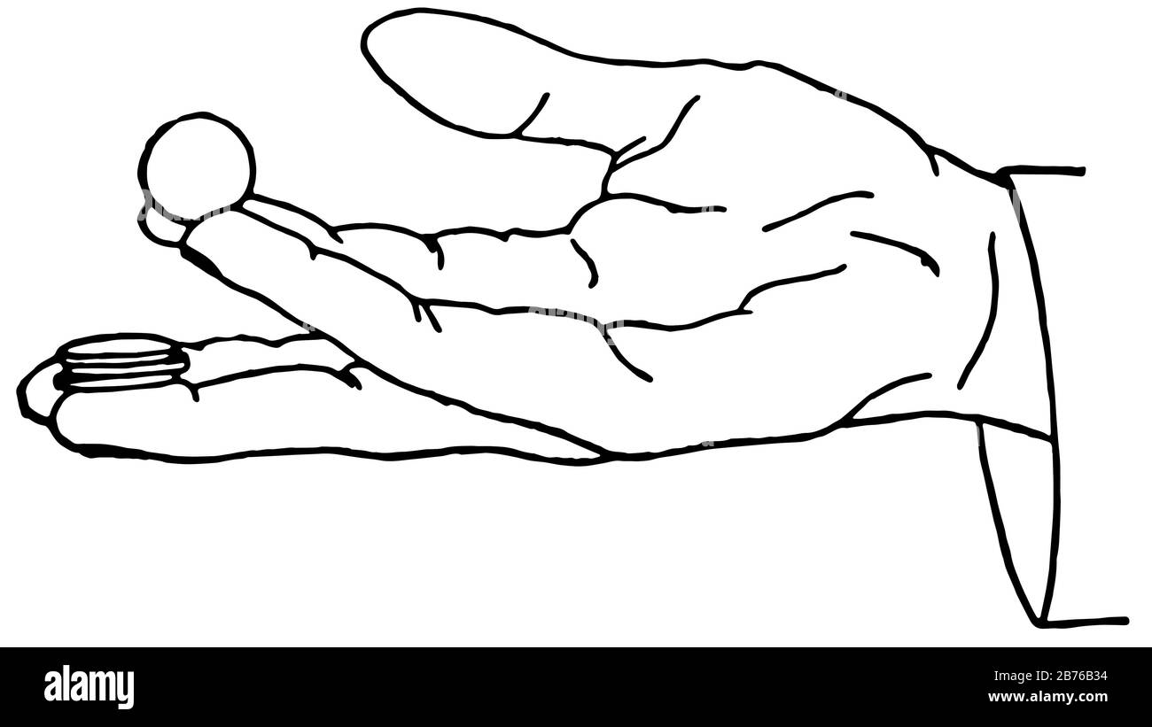 Hands with coins in his finger, vintage line drawing or engraving ...