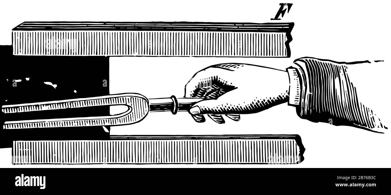 Hand holding a U-shaped tuning fork, vintage line drawing or engraving ...