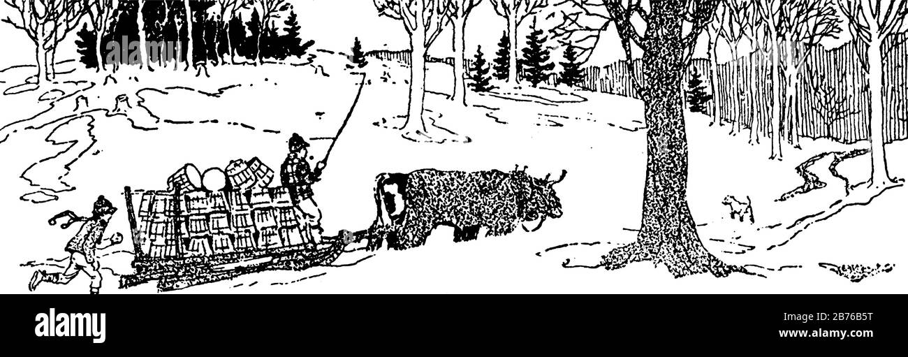 A man in animal drawn cart, another man running behind cart, trees in ...