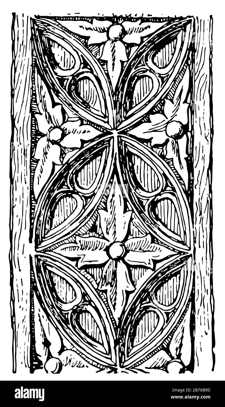 Carving is a wooden panel, vintage line drawing or engraving ...