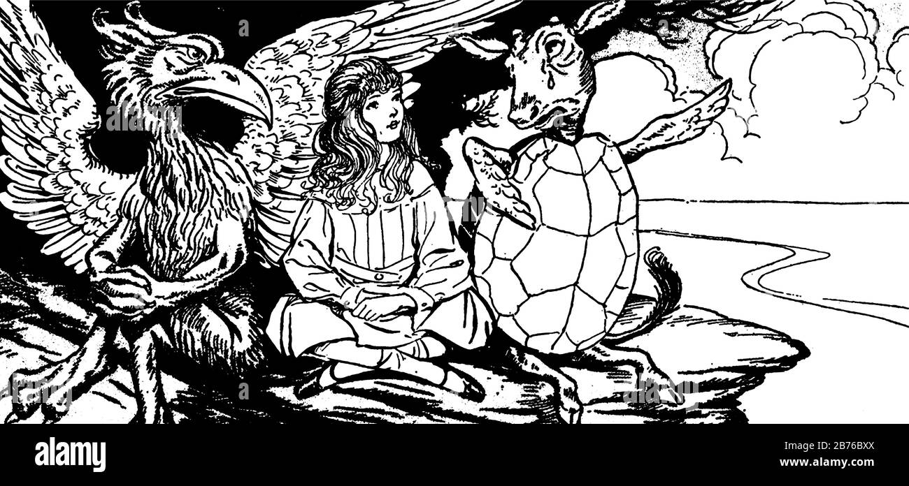 Mock Turtles, this scene shows a bird head with cow body and turtle ...