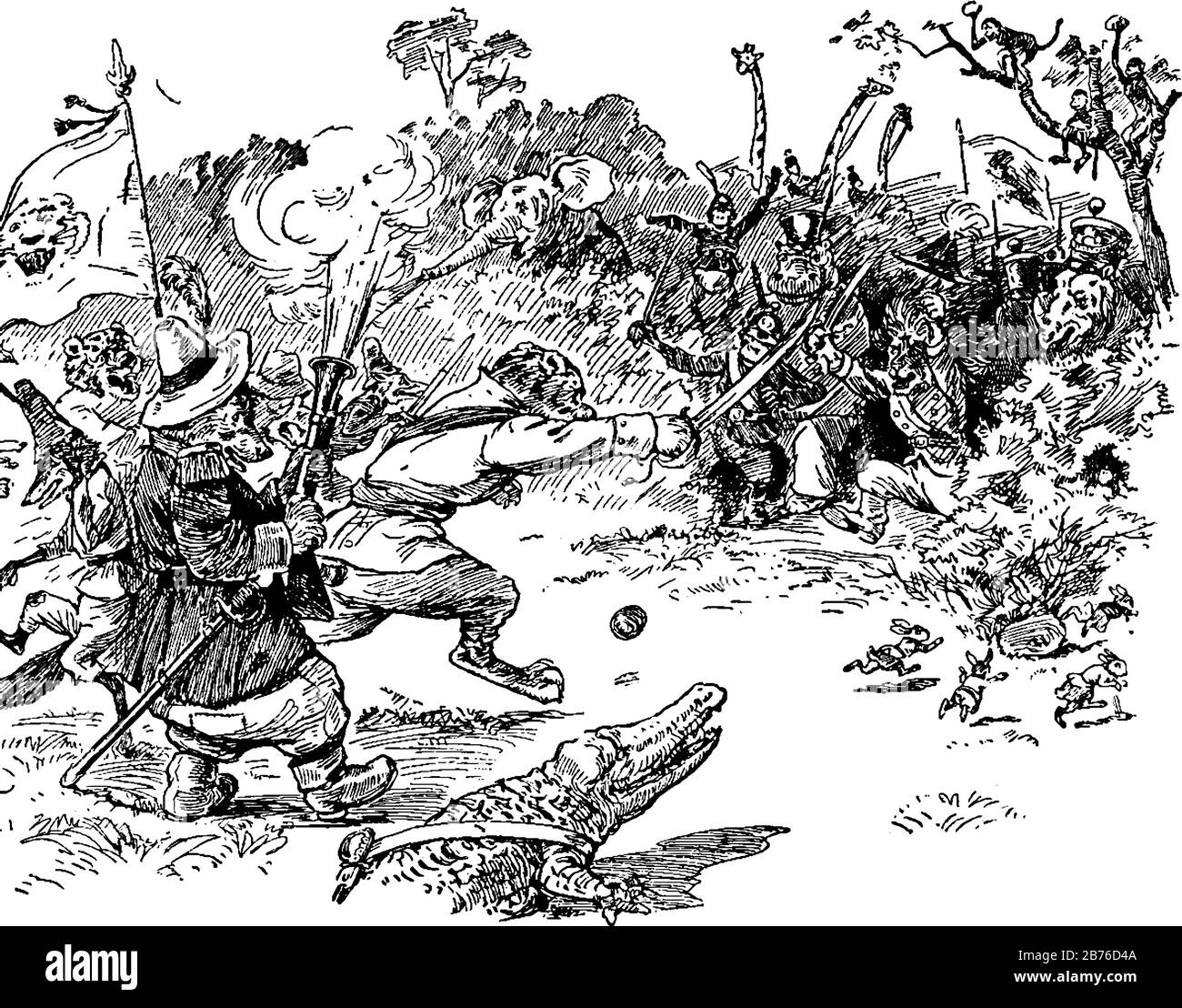 Animals fighting with swords, some animals holding flags, vintage line ...