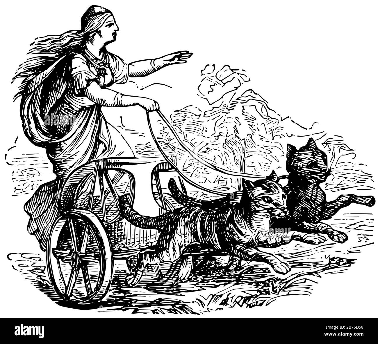 Freya, this scene shows a female going into cart which is driven by two ...