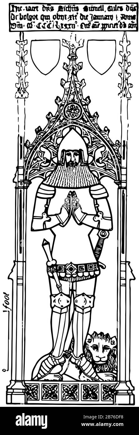 Brass monument is a Sir Nicholas Burnell statue, vintage line drawing ...