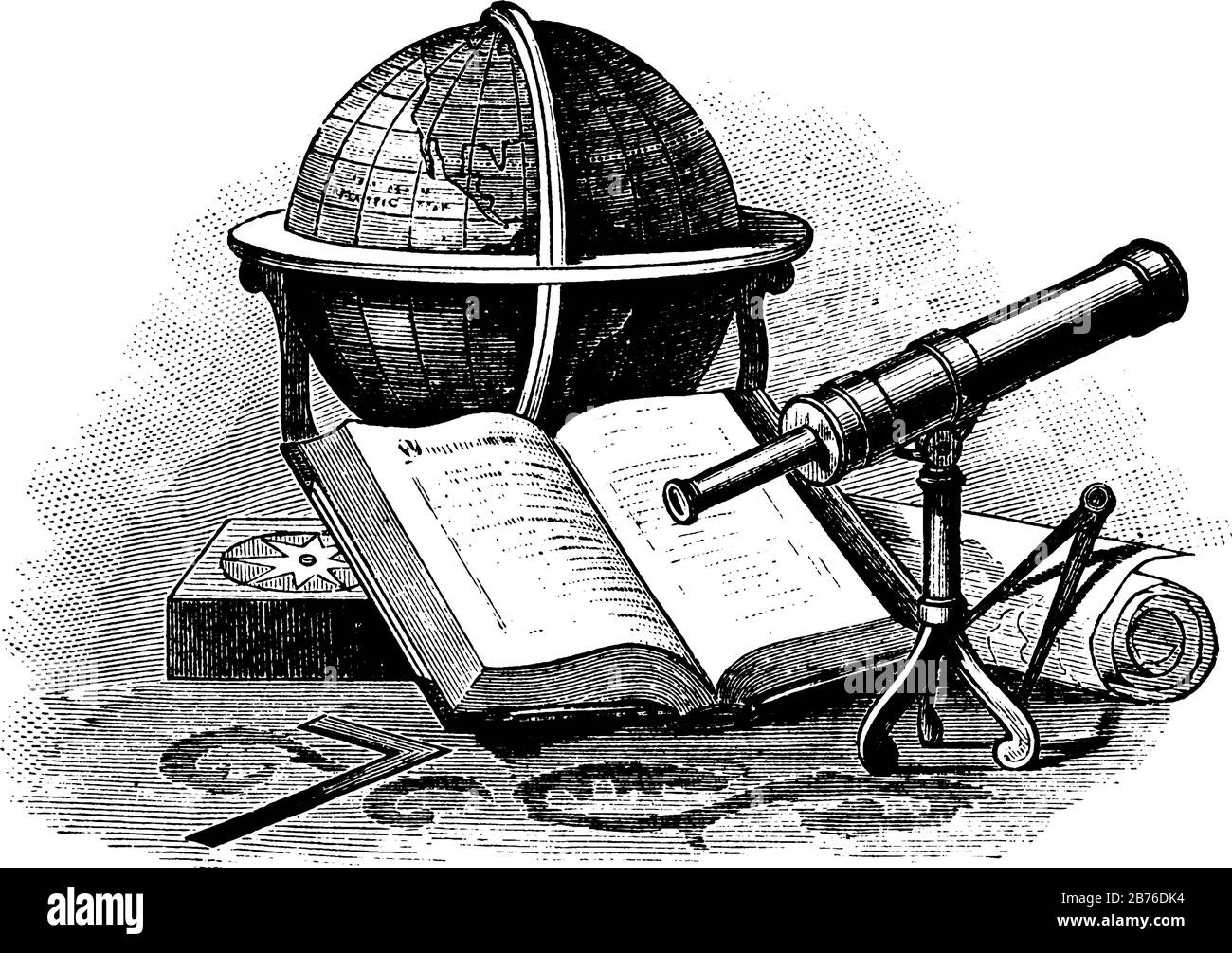 Still life with globe includes telescope, divider, rolled map, book ...