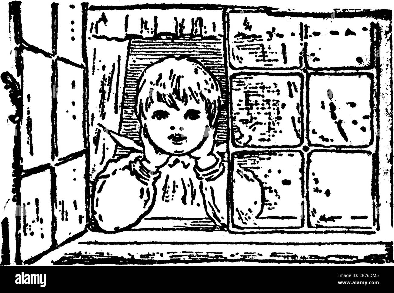Child at Window looking outside in this picture, vintage line drawing ...