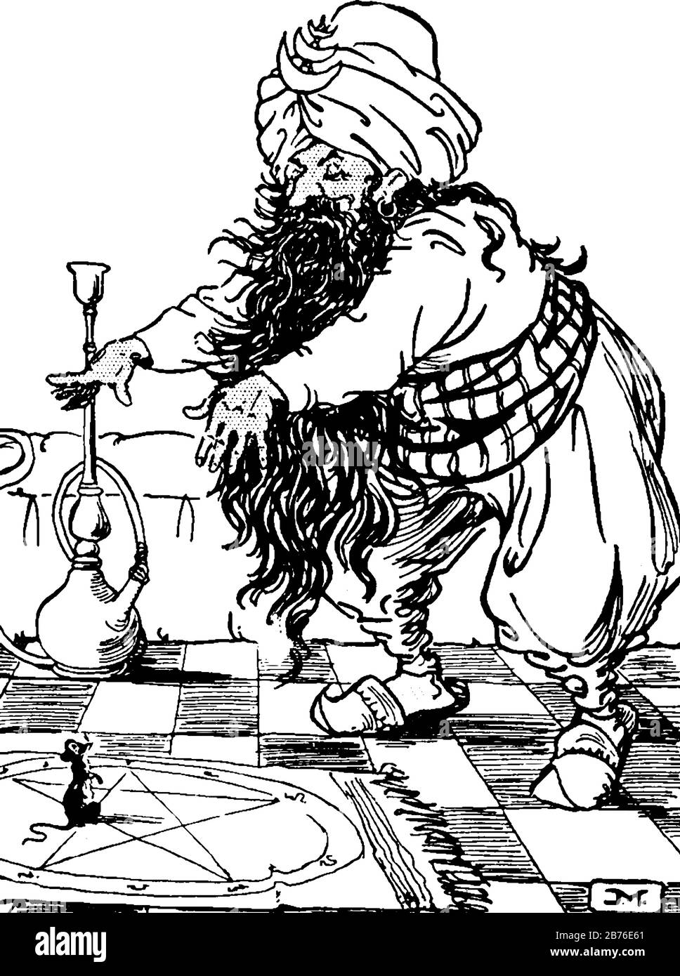 The magician with mouse and vessel, vintage line drawing or engraving ...