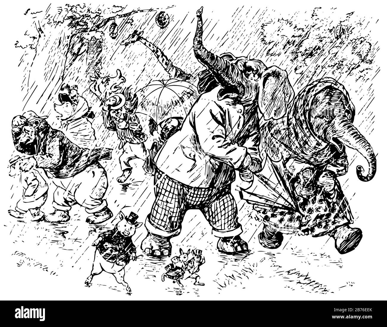 Animals walking in the rain, vintage line drawing or engraving ...