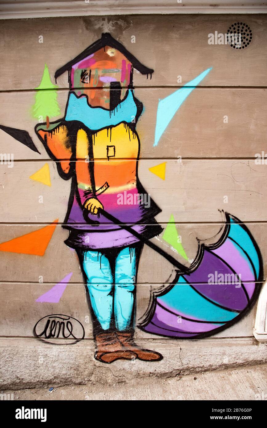 Valparaiso, Chile; January 21, 2018: Colorful art graffiti of a woman ...