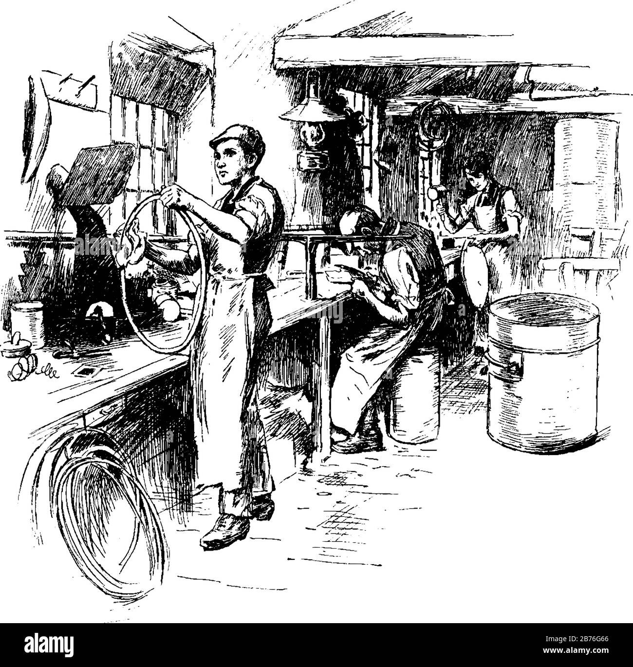 This illustration represents Workers tinkering new goods, vintage line ...