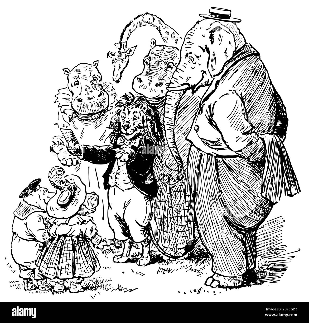 Two baby animals talking to another animals standing in front of them ...