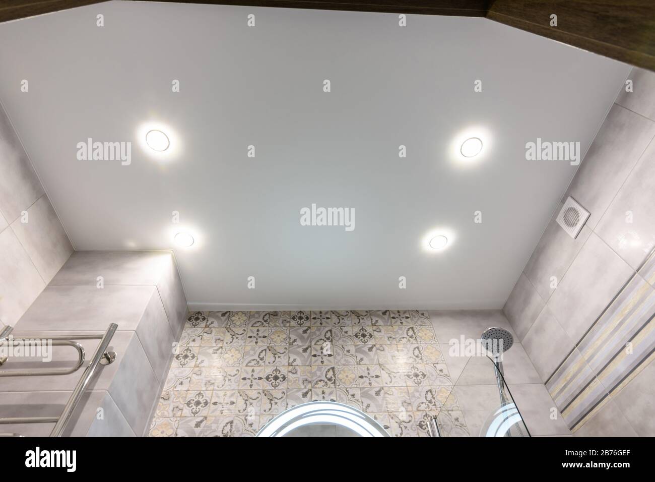 Stretched ceiling in a modern bathroom after renovation Stock Photo - Alamy