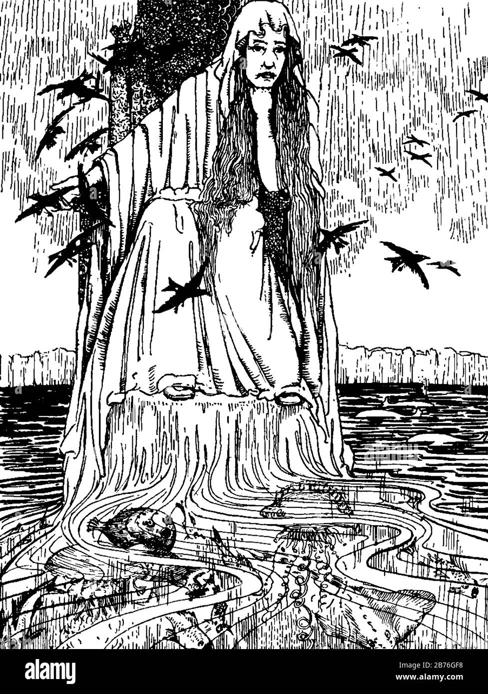 A female and flying birds around her, vintage line drawing or engraving ...