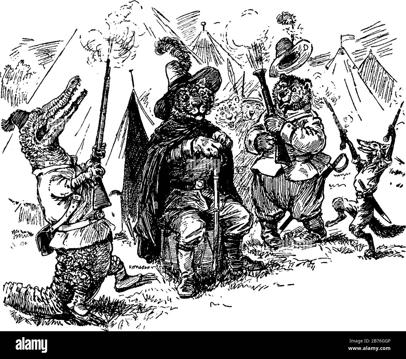 Animals with guns and they shooting in the air, an animal sitting in ...