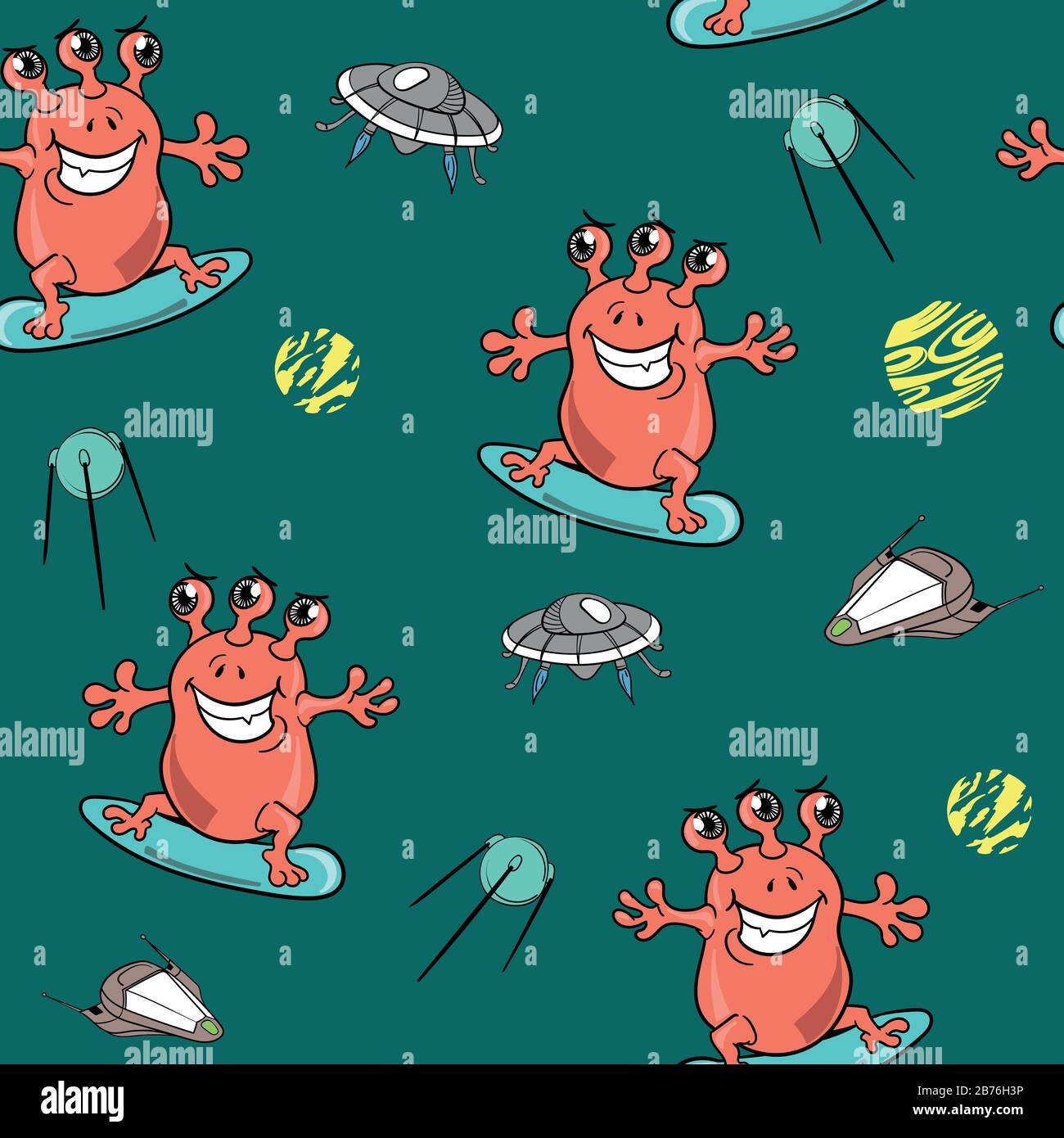 a cheerful three- eyed orange alien surfs in space, surrounded by ...