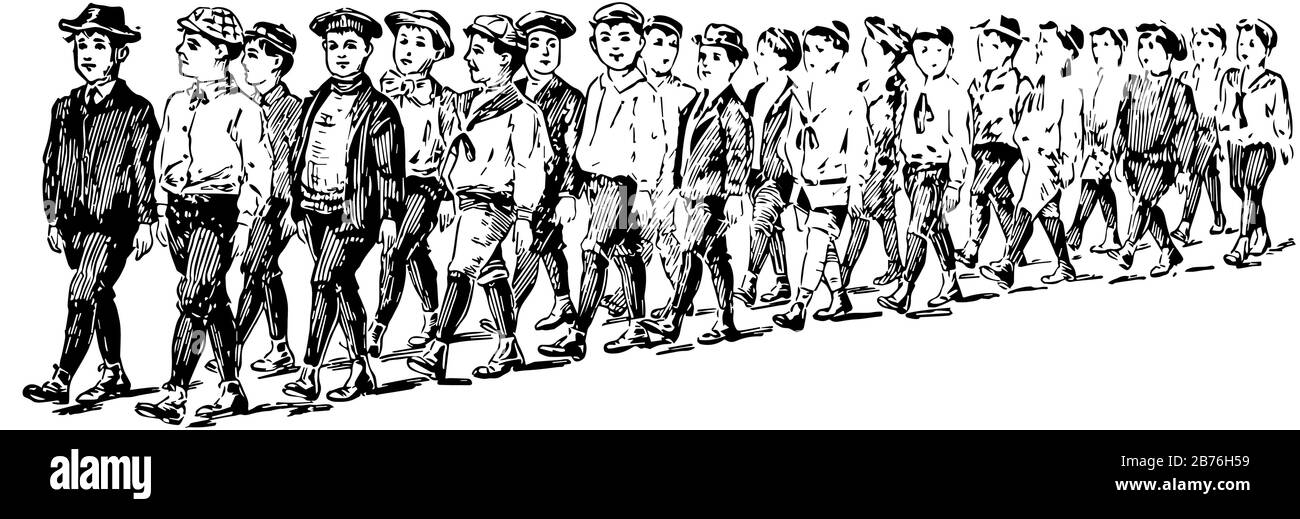Line of Boys, counting, Georgia Line, Backstreet, vintage line drawing ...