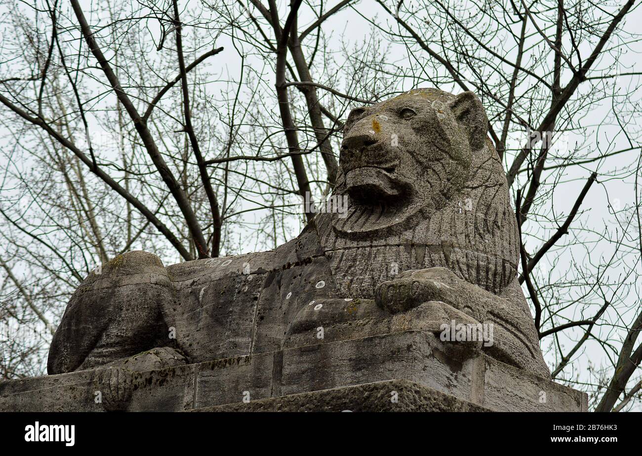 BERLIN, GERMANY - 20 JANUARY 2020: Sculpted stome lion from the famous ...