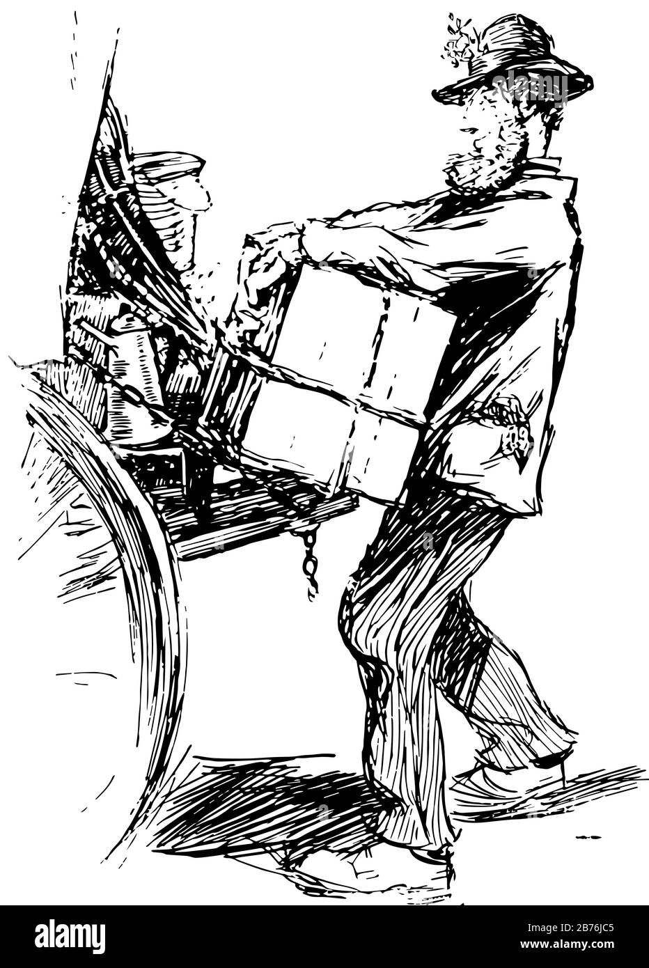 This illustration represents Man Loading Cart, vintage line drawing or ...