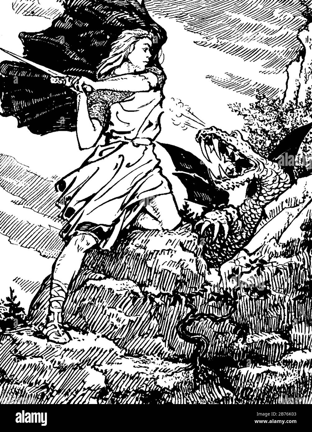 A young boy killing an animal with sword, vintage line drawing or ...