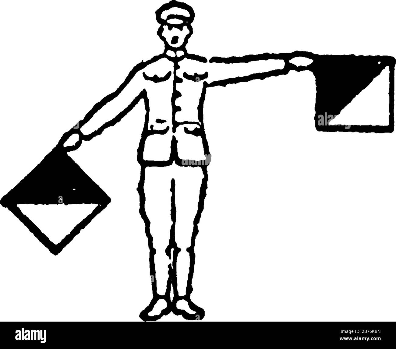 Flag signal for the letter M, a man holding two flags, right hand 45 ...