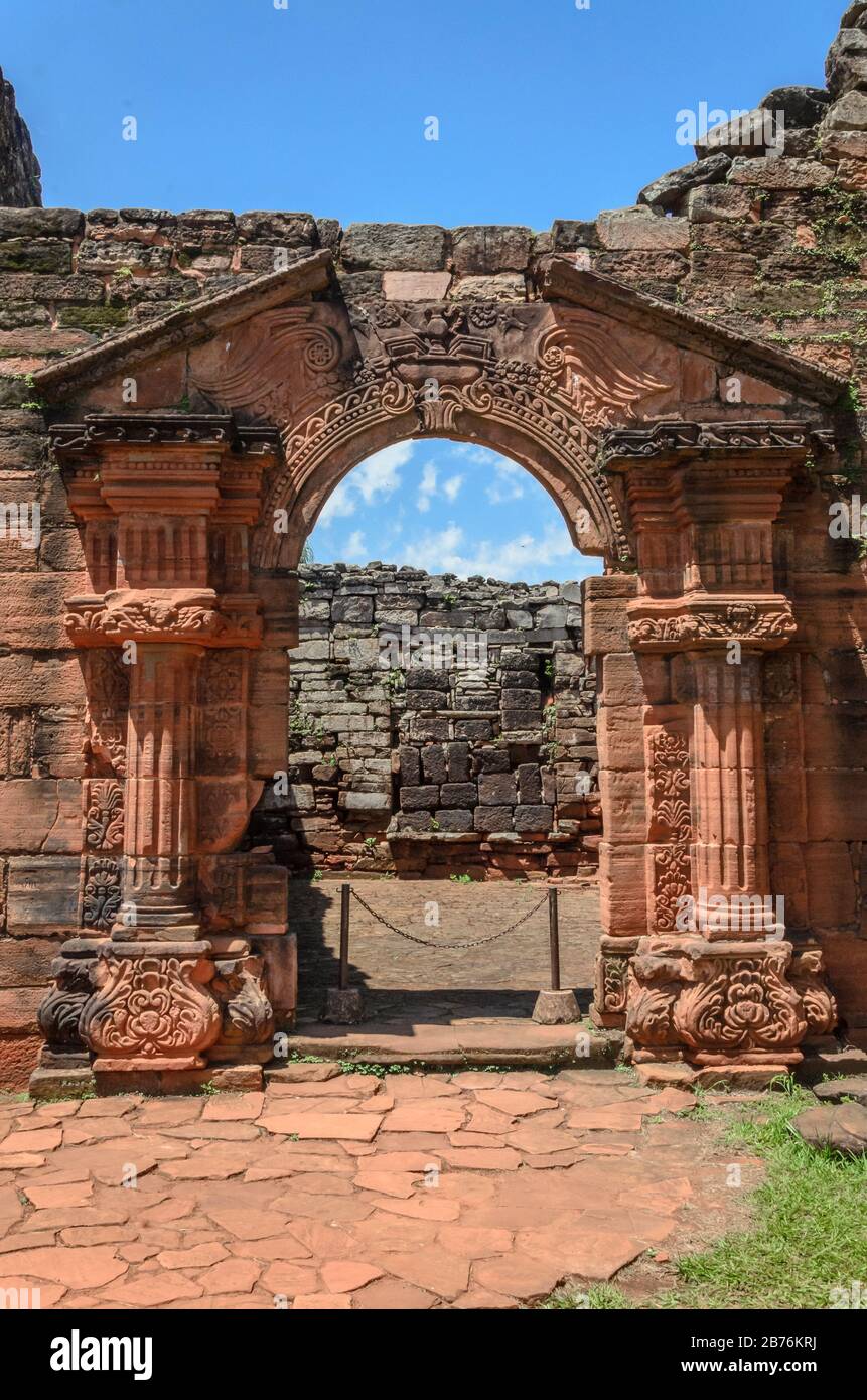 Facade of an ancient door in San Ignacio ruins, Misiones, Argentina ...
