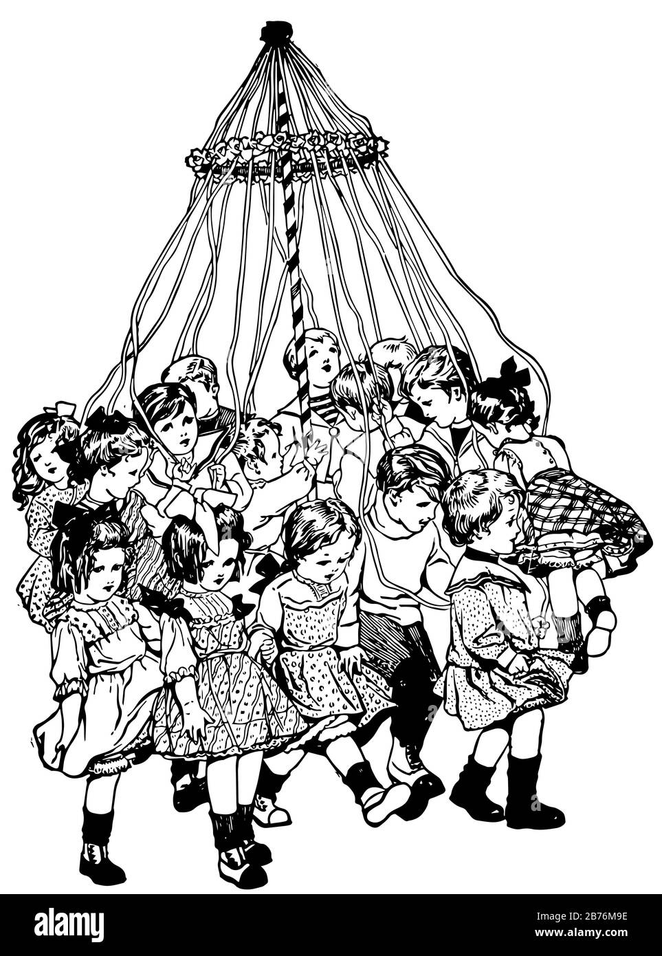 Children dancing around the May-pole, It stepping or moving through a ...