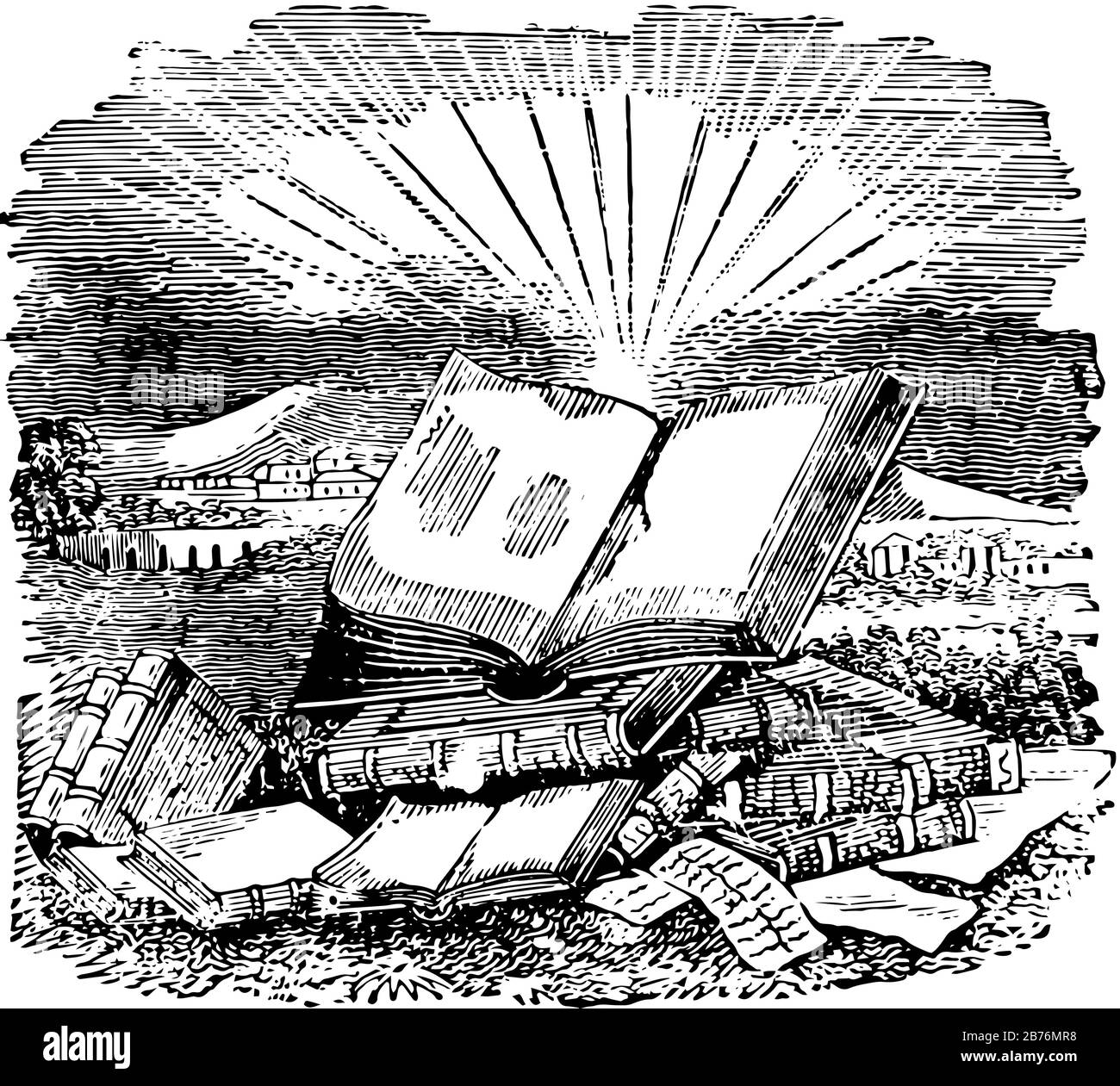 Books or pile of books, under the sun, Pointing to a pile, vintage line ...