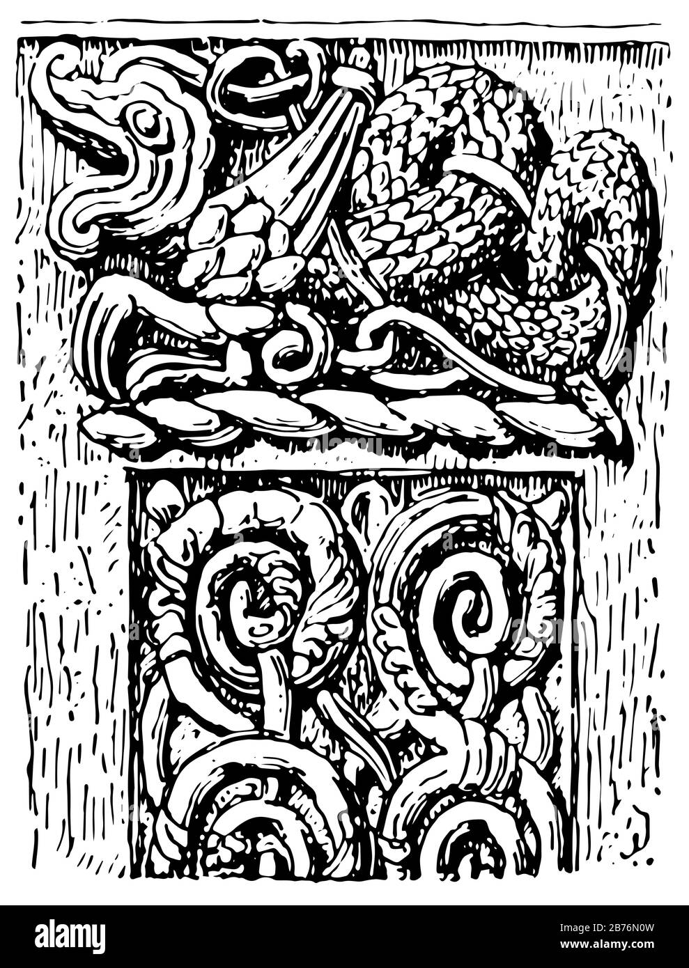 Grotesque and scrolls at Shobdon Church, vintage line drawing or ...