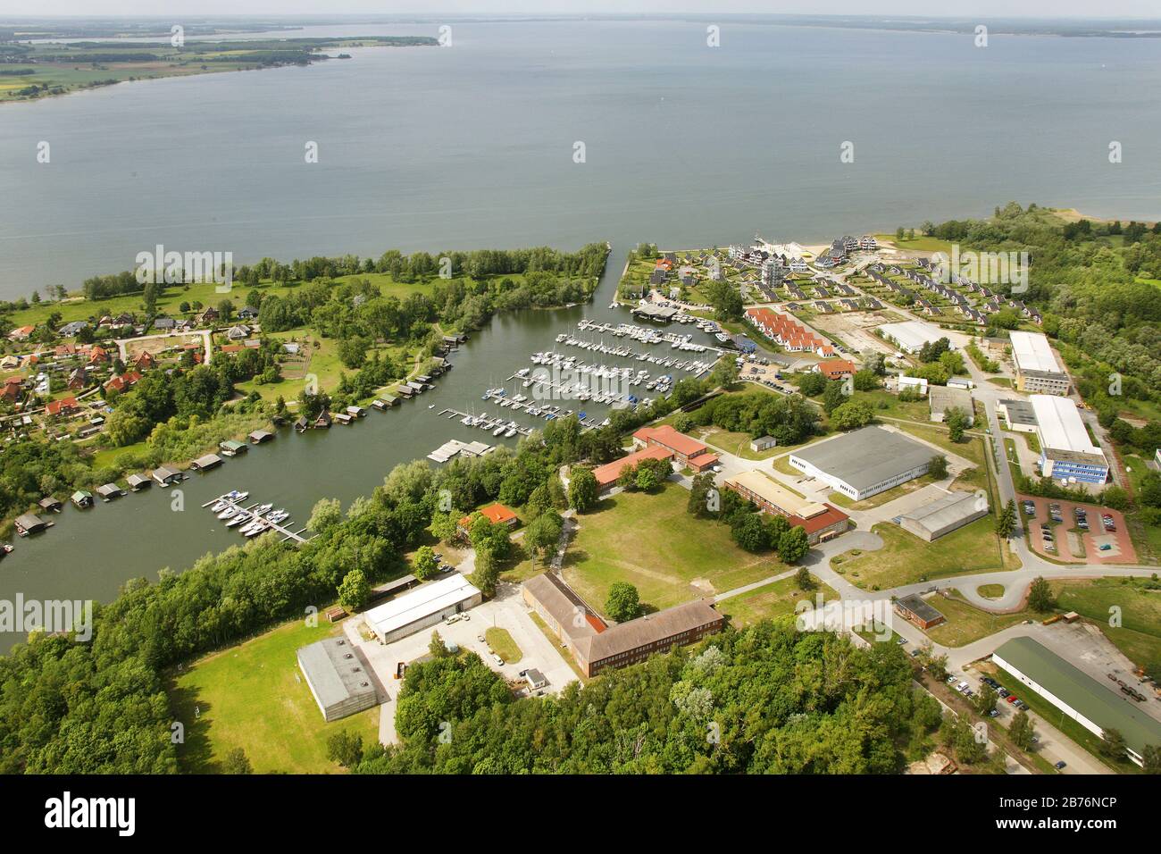 , Boat mooring in Claassee in Rechlin, 23.05.2011, aerial view, Germany ...