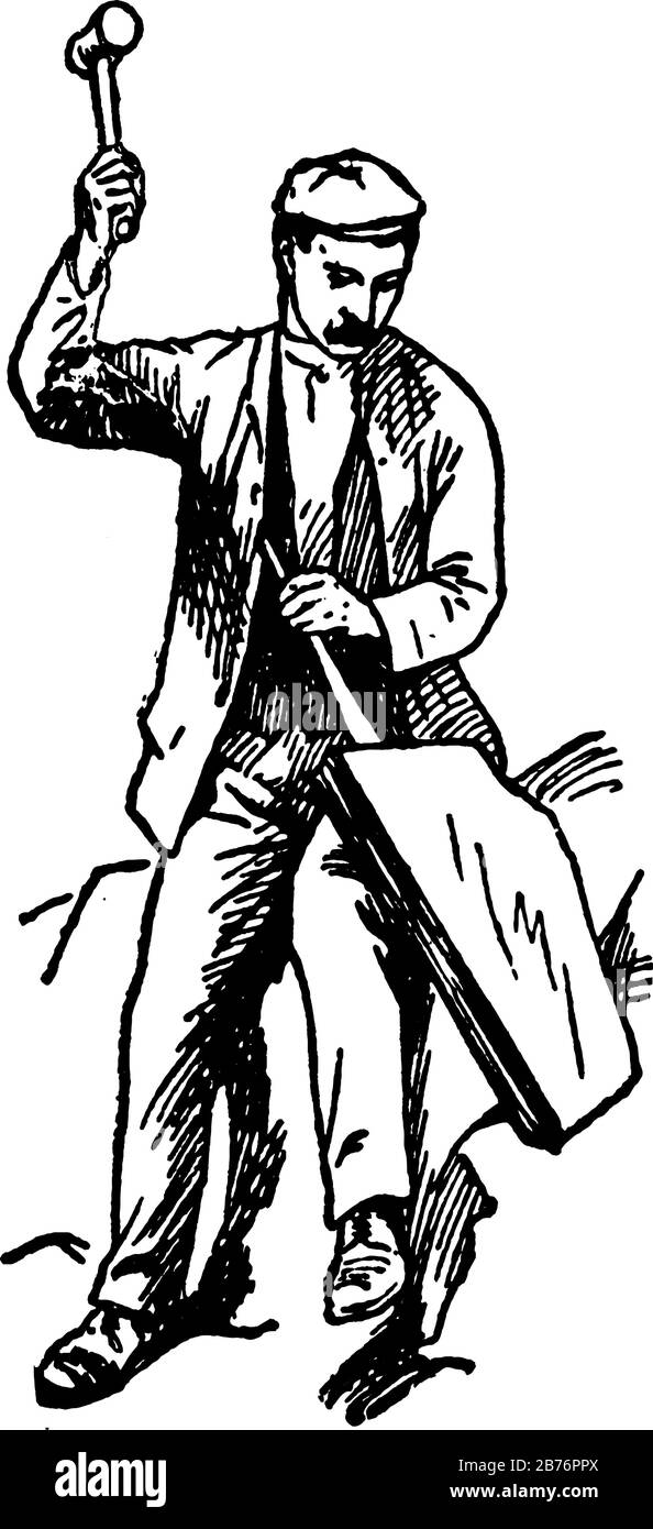 This illustration represents Splitting Slates, vintage line drawing or ...