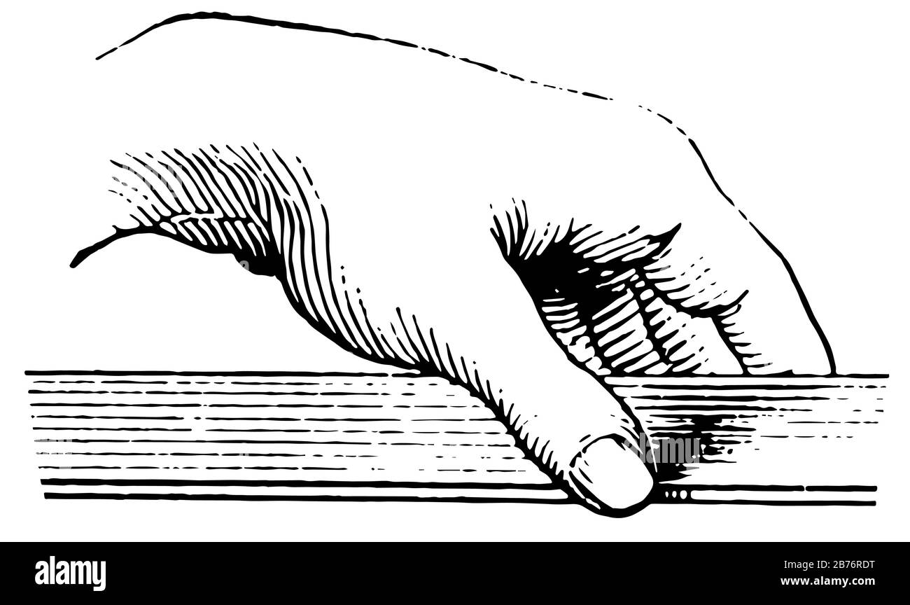 Hand holding a board in this picture, vintage line drawing or engraving ...