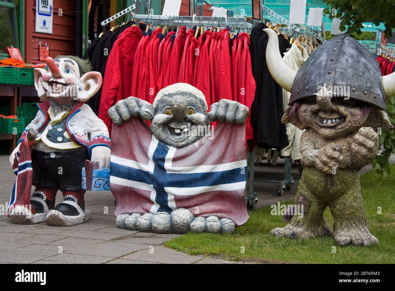 Trolls outside store in Flam Village, Sognefjorden, Western Fjords ...