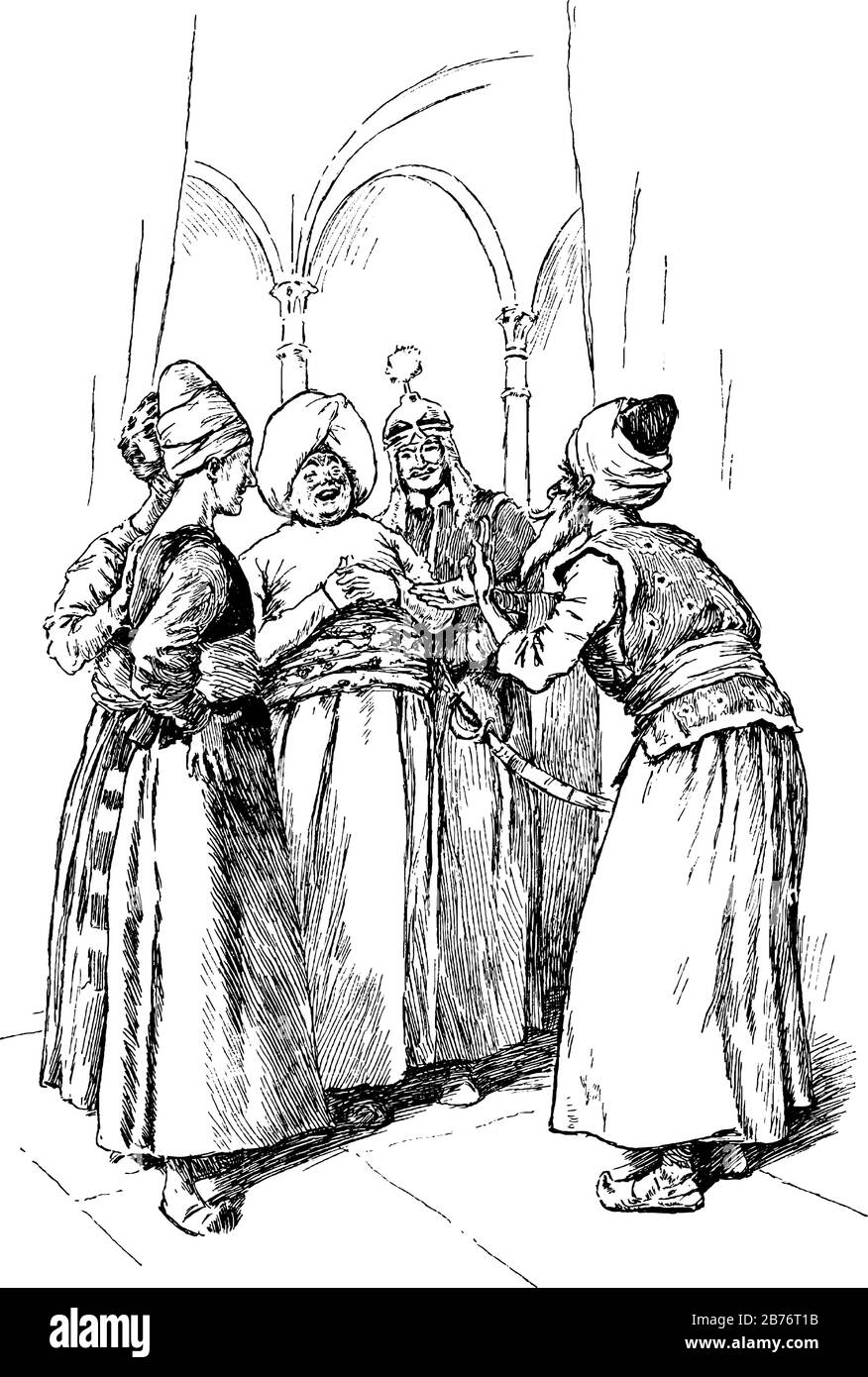 Five people are talking themselves and laughing, vintage line drawing ...