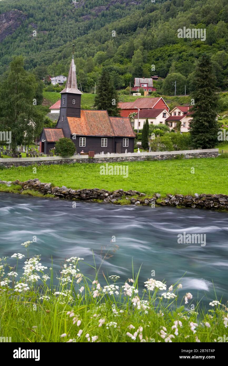 Flam Church (1670) & Flamsdalen Valley River, Flam, Sognefjorden ...