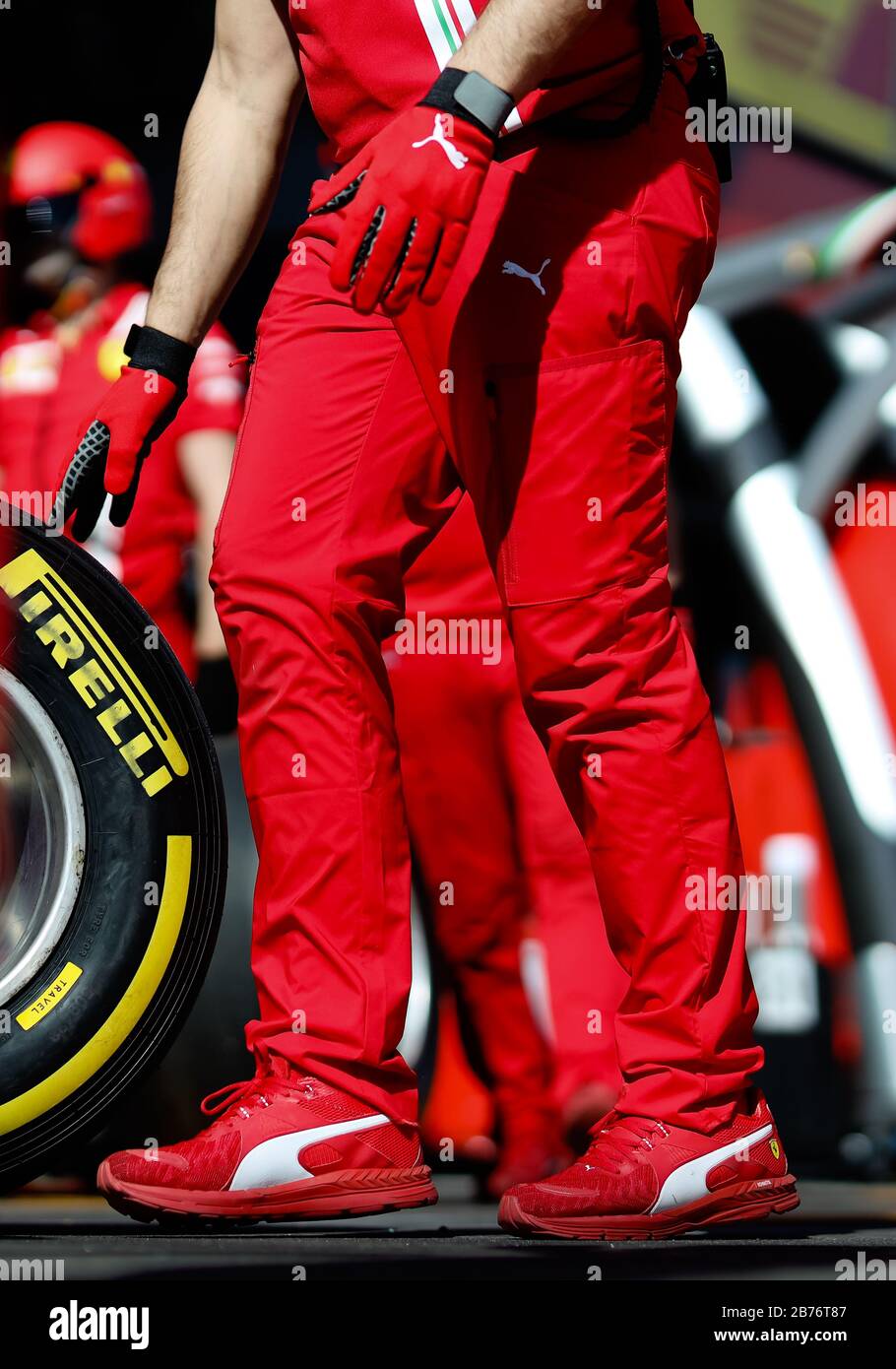 Team Ferrari rehearse a pit lane tyre change ahead of the Australian ...