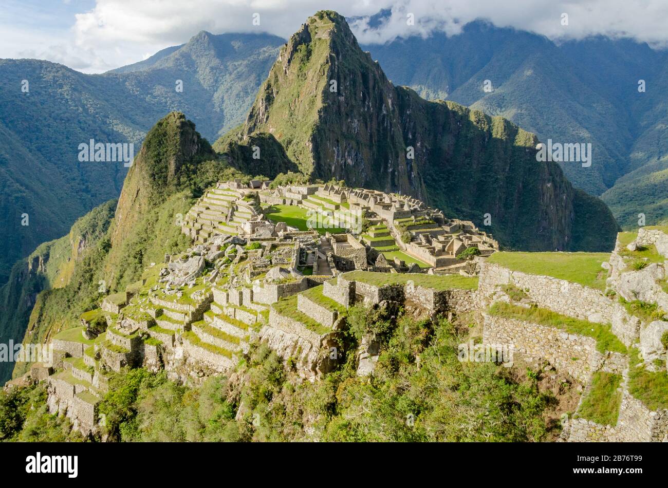 Classic photo of Machu Picchu with the face looking up and the citadel ...