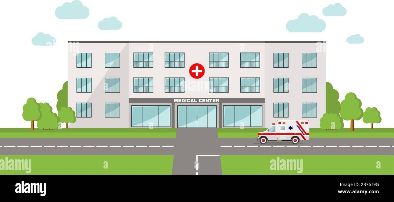 Medical concept. Panoramic background with hospital building and ...
