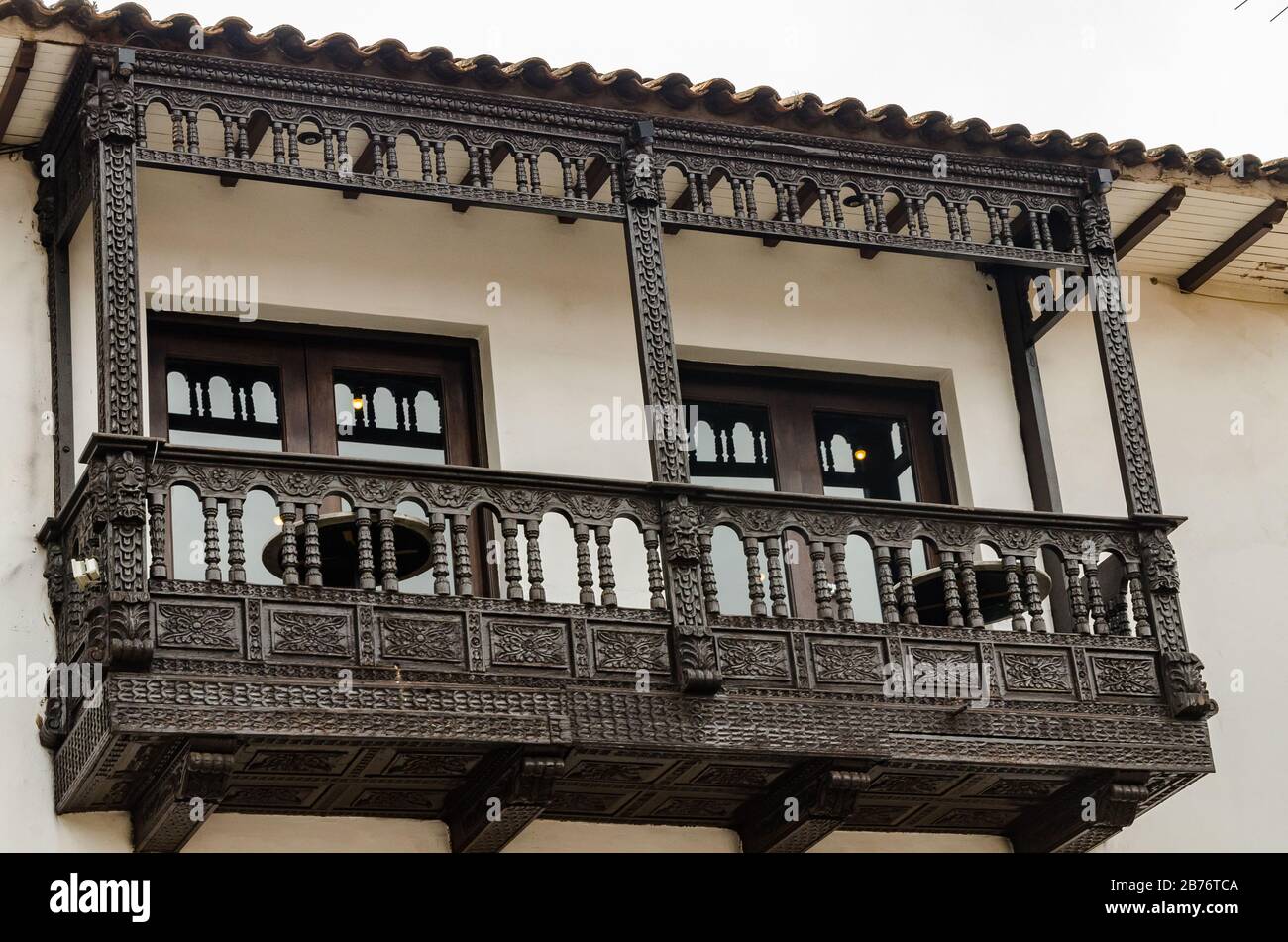 Wrought-wood balconies of a colonial building on Cusco, Perú Stock ...