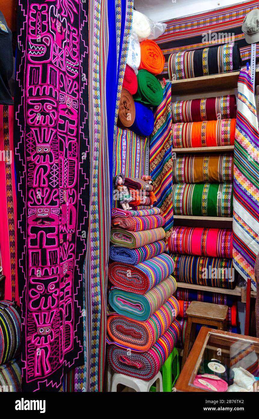 Showcase of traditional fabrics in Cusco, Peru Stock Photo - Alamy
