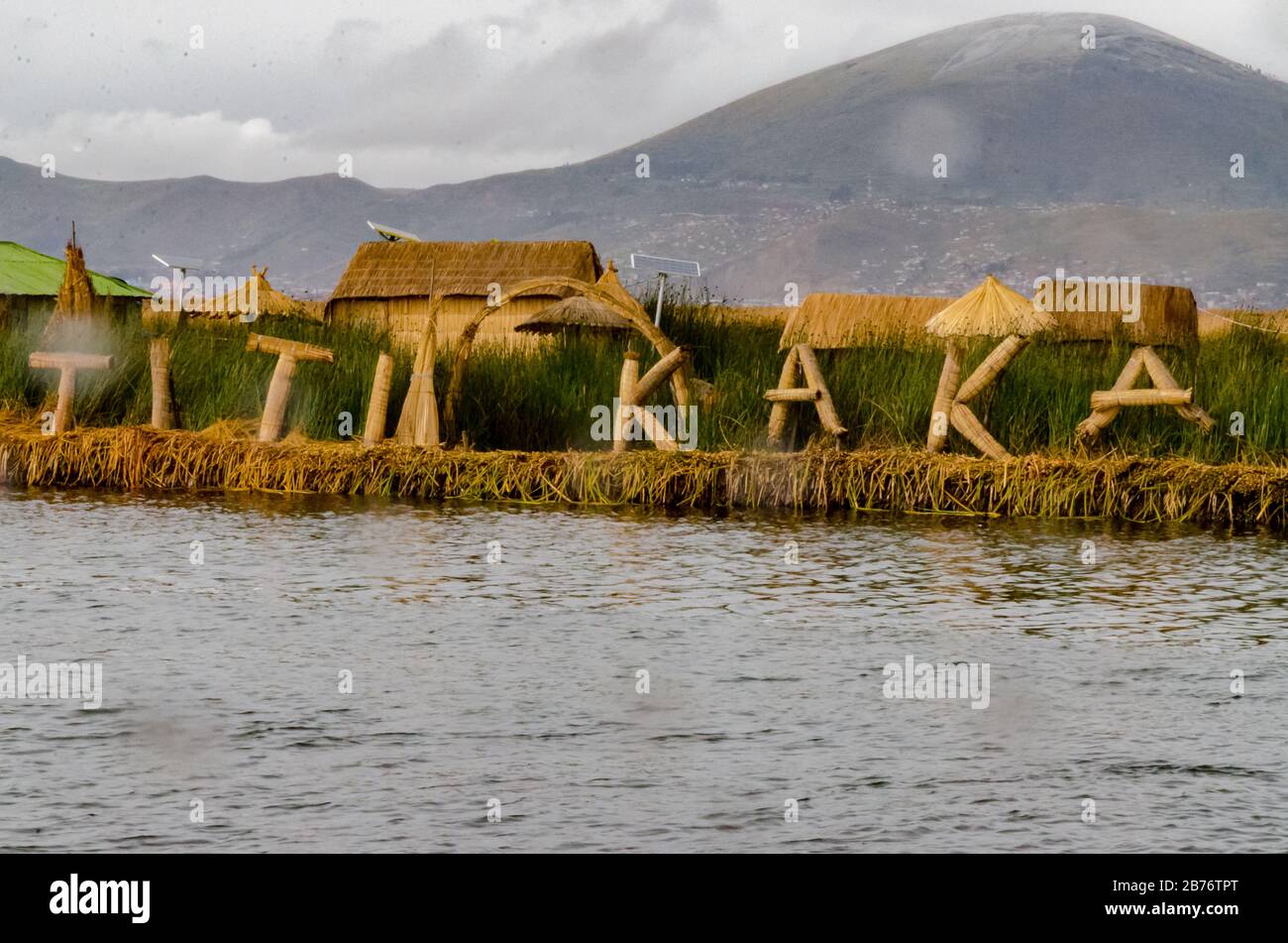 Titikaka sign made of totora by the Uros in a floating Island with a ...