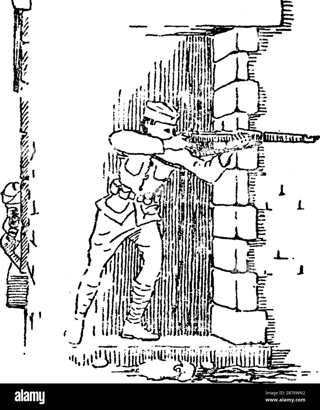 Soldier shooting a gun from a doorway in the right direction, vintage ...