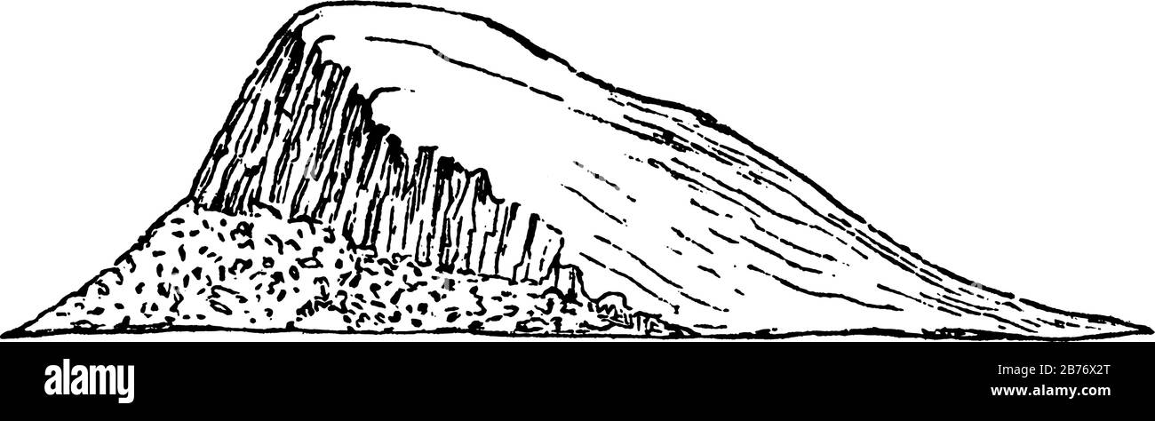 A typical representation of a bluff with broken stones at its base. A ...