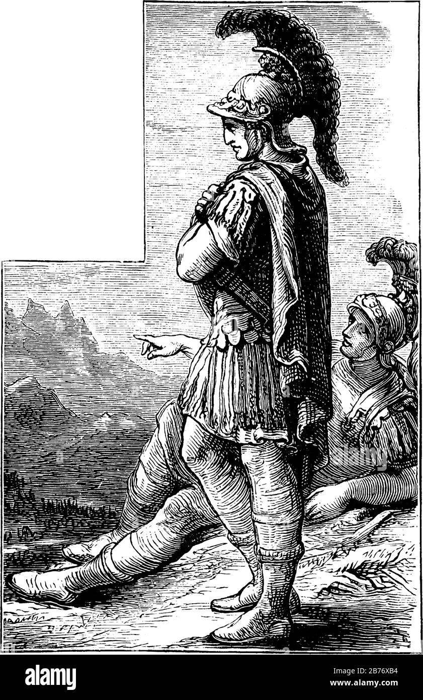 An ancient times army soldiers are sitting in the hilly areas pointing ...