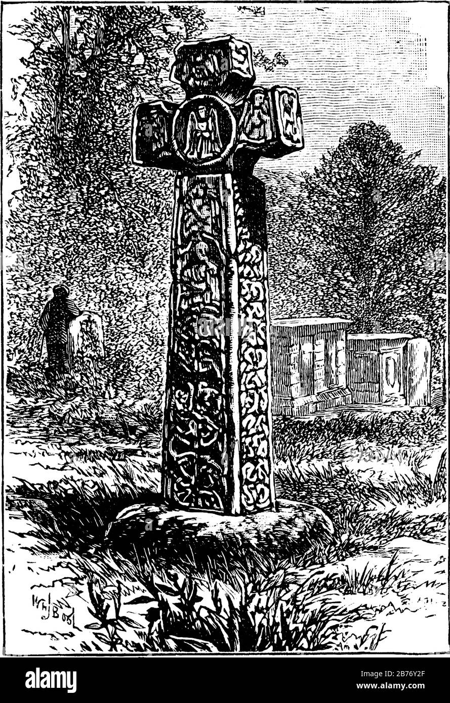 In the Eyam churchyard stands a striking Saxon cross in Mercian style ...